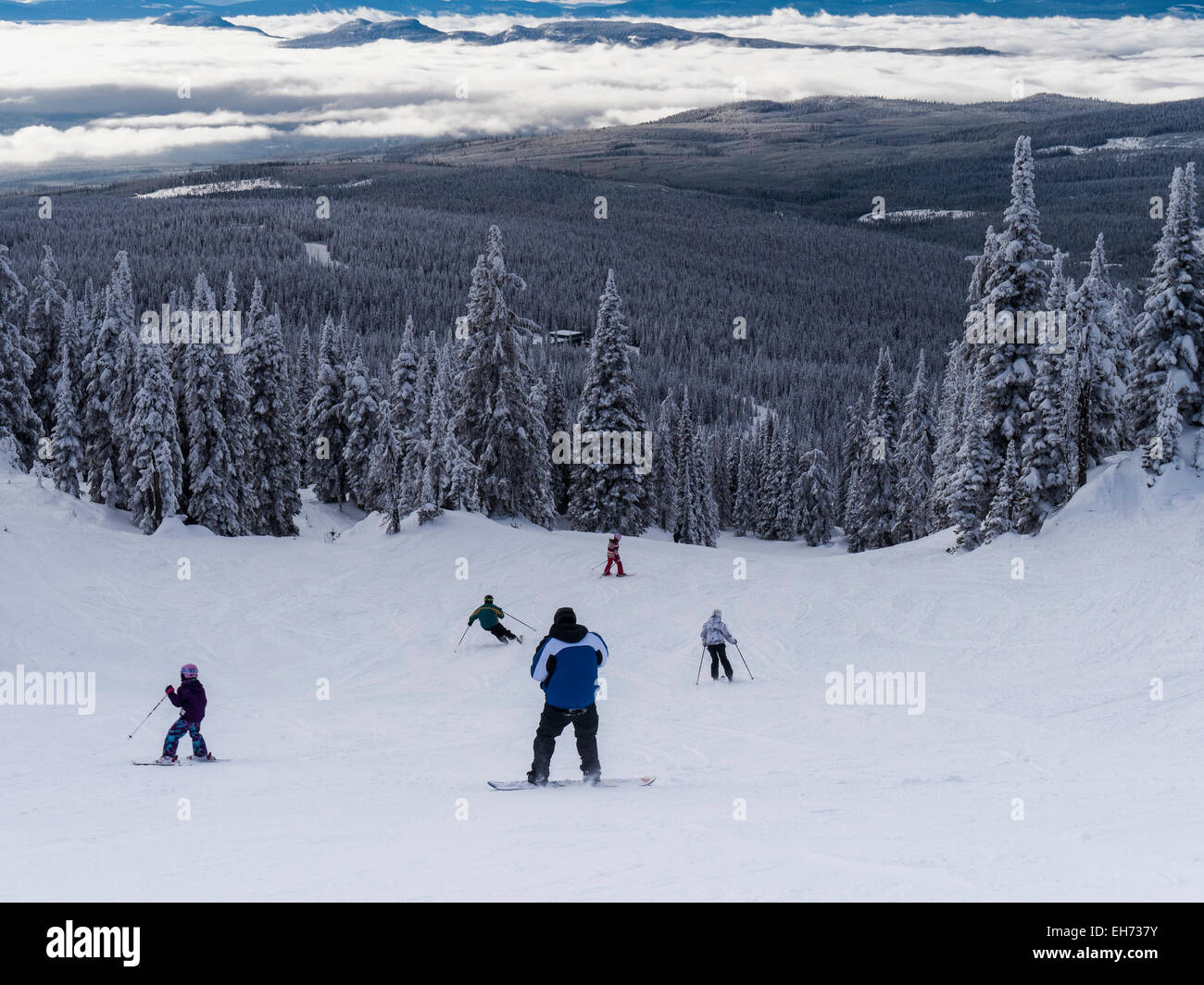 Skiers descending from the top of the Ridge Rocket Express chairlift ...