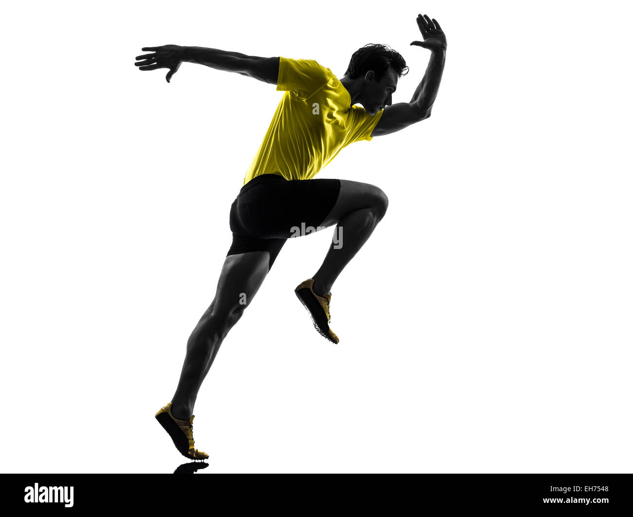 one man young sprinter runner running in silhouette studio on white ...