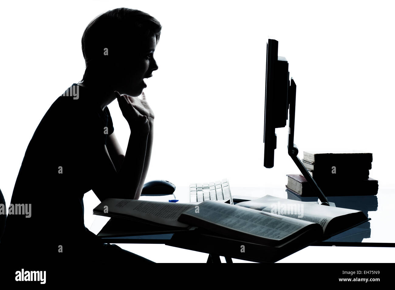 one caucasian young teenager silhouette boy or girl studying with ...
