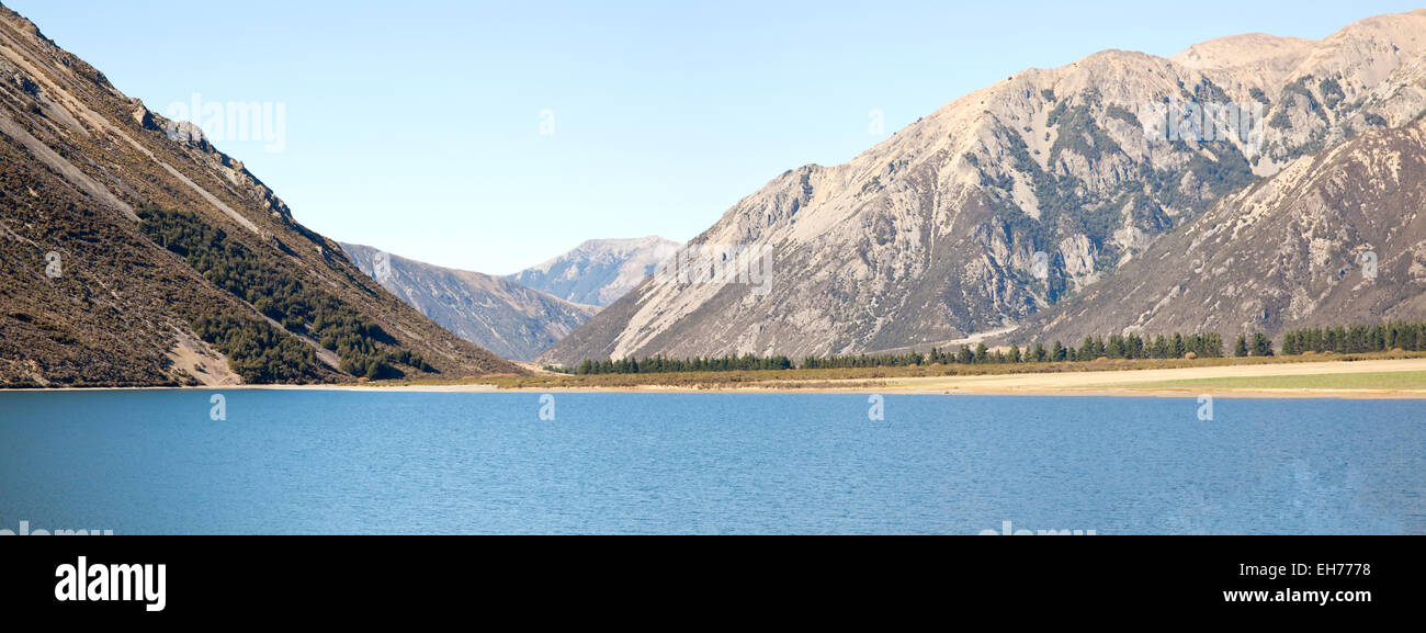 Panorama Landscape of mountain range at Lake Pearson Arthur's pass ...