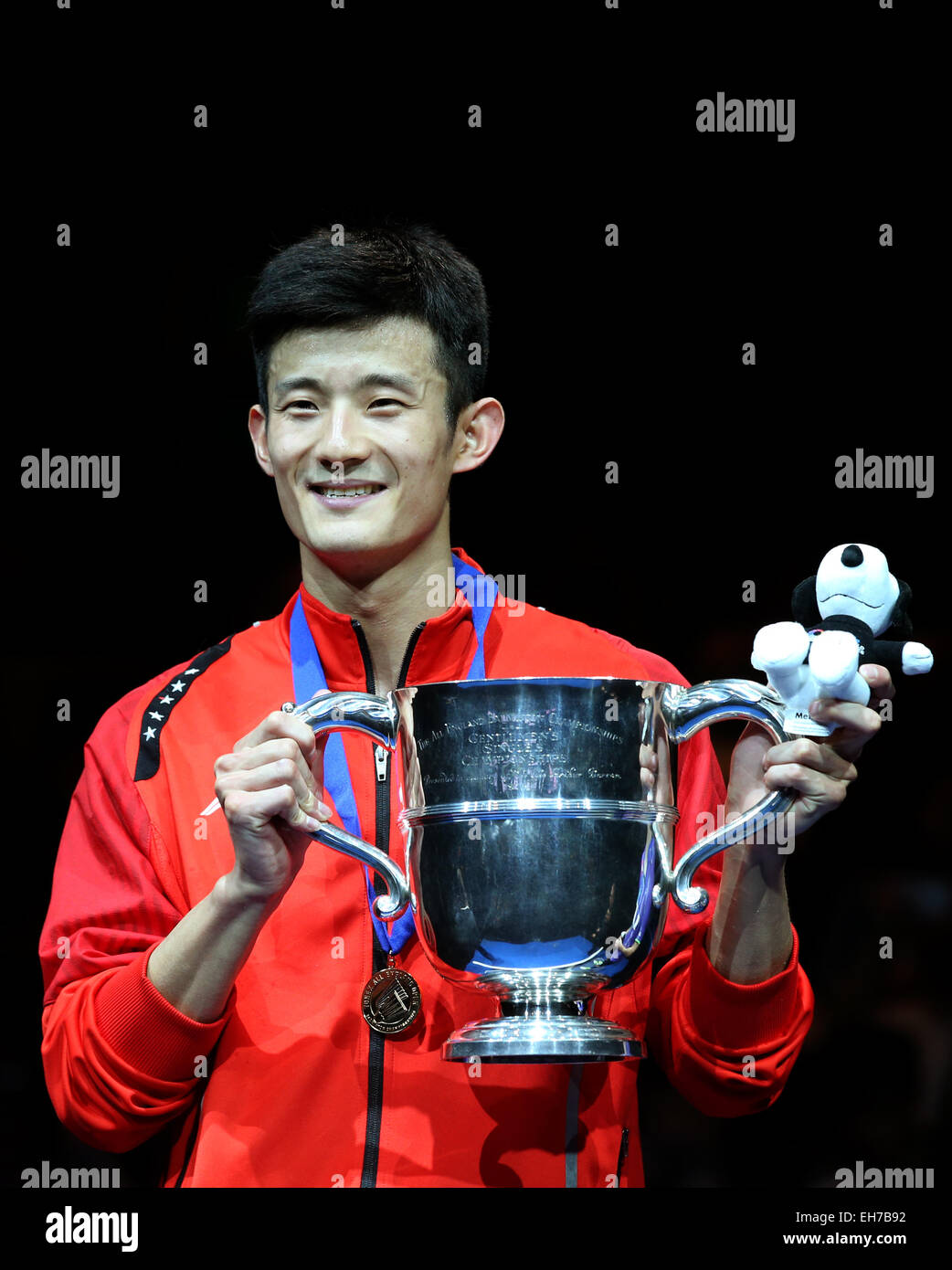 Birmingham, UK. 8th Mar, 2015. Chen Long of China celebrates with the ...
