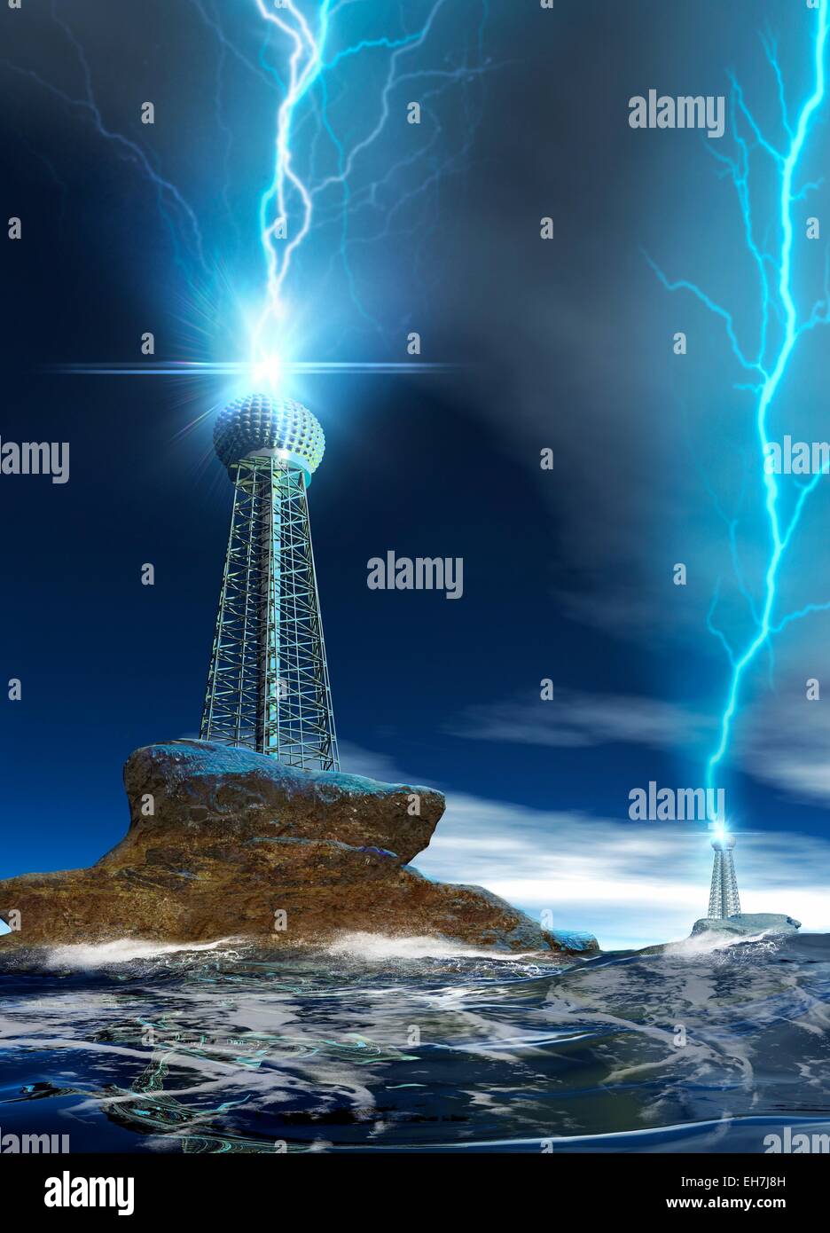 Communications tower with lightning Stock Photo - Alamy