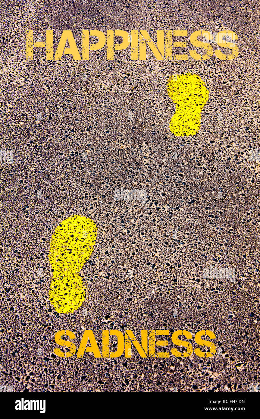 Yellow footsteps on sidewalk from Sadness to Happiness message ...
