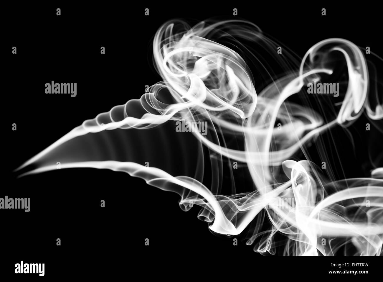 Abstraction: white smoke pattern and curves over black background Stock ...