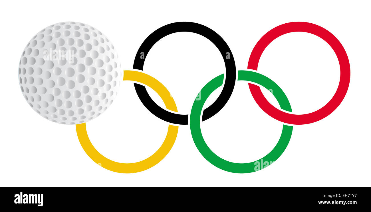 Olympic style rings with a golf ball set over a white backrounds Stock ...
