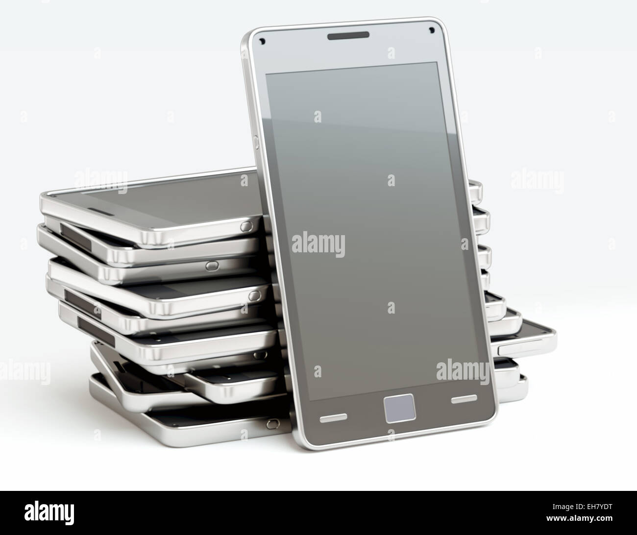 Stack of cellphones with touch screens over white. Custom rendered ...