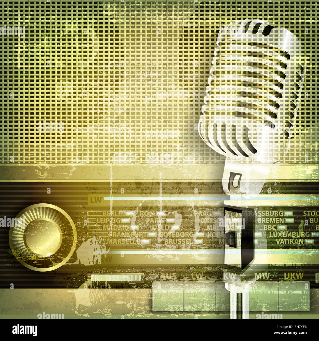 abstract green sound grunge background with microphone and retro radio ...