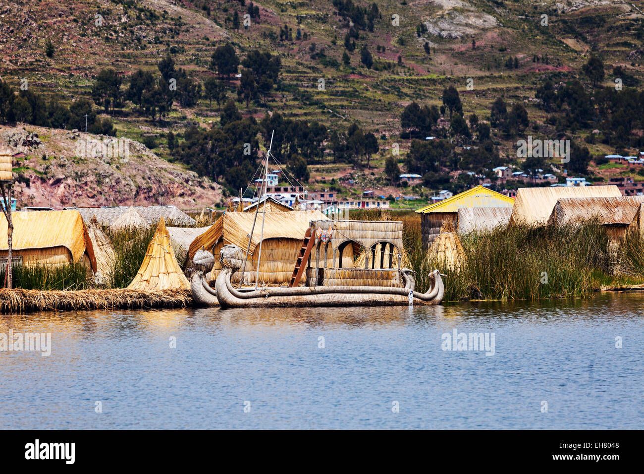 Village on Floating Islands. Lake Titicaca, Puno, Peru Stock Photo - Alamy