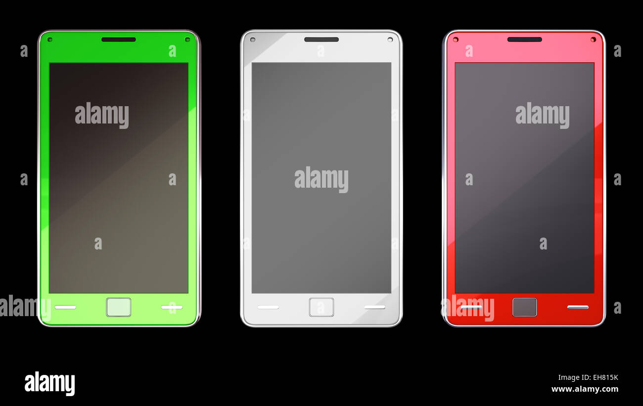 Three smart phones in different colours over black (custom created and ...