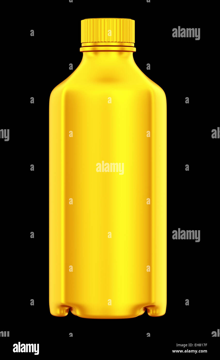 Golden bottle for chemicals or drugs isolated over black background ...