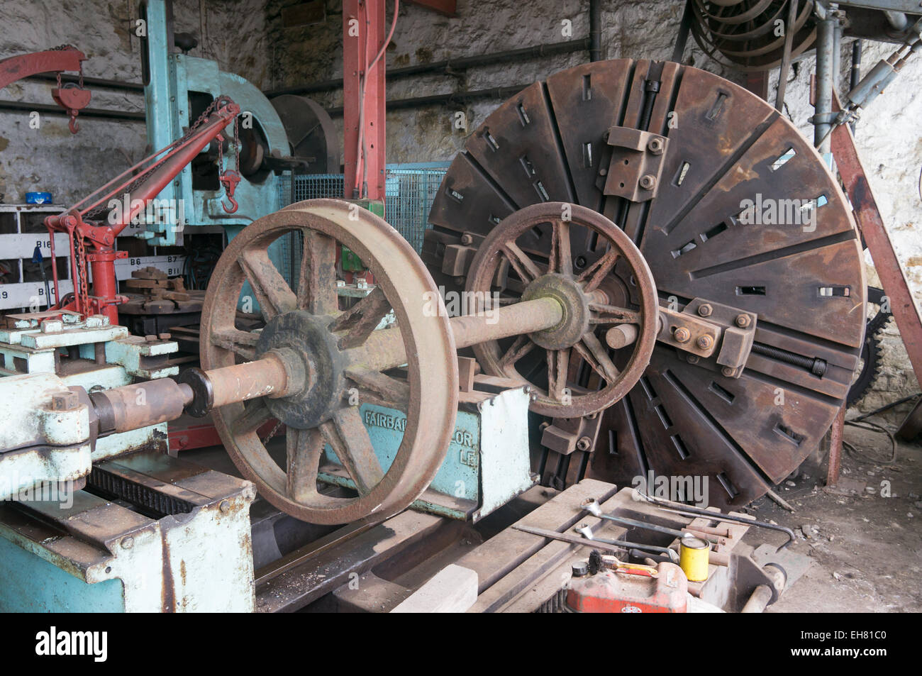 A wheel lathe loaded with a wagon axle in the Bowes Railway workshop ...