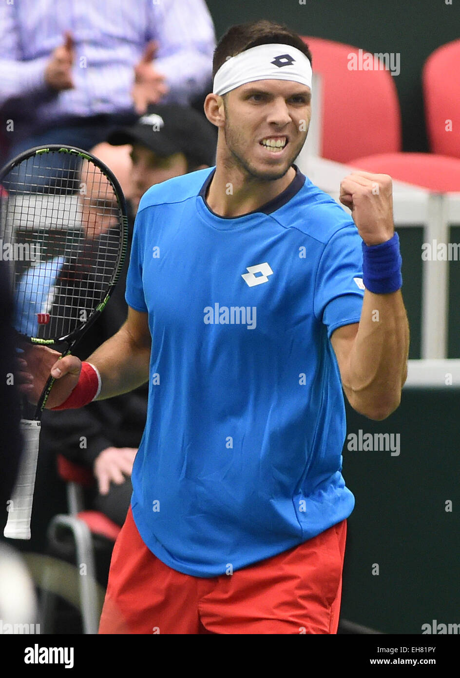 Ostrava, Czech Republic. 7th Mar, 2015. Jiri Vesely reacts during the ...