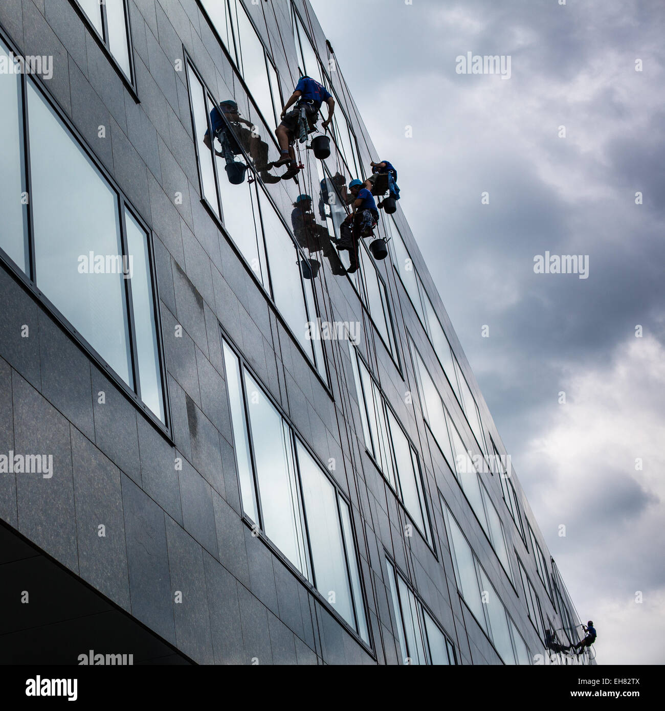 Climbers washing windows of a modern high-rise building Stock Photo - Alamy