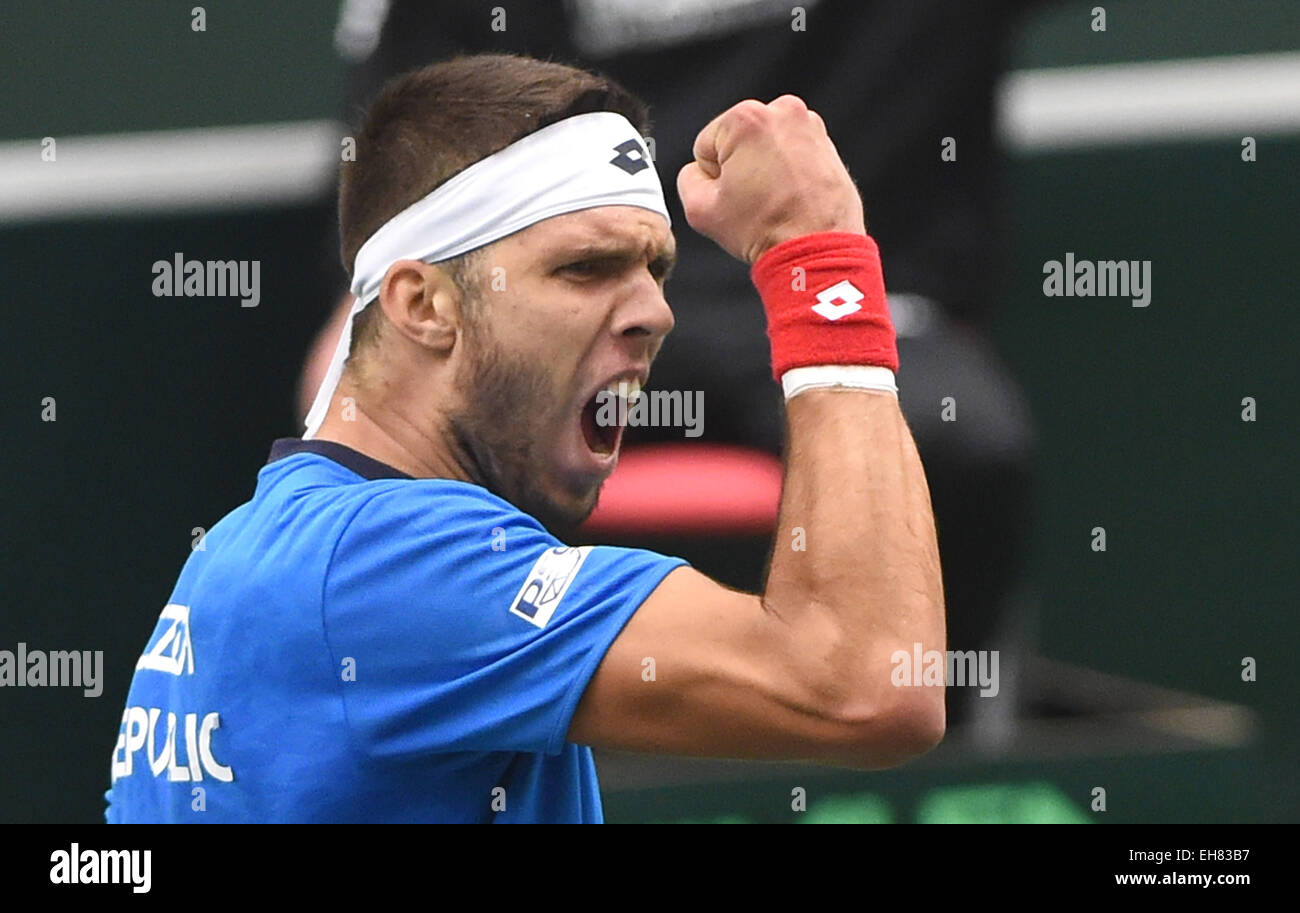 Ostrava, Czech Republic. 7th Mar, 2015. Jiri Vesely celebrates his ...