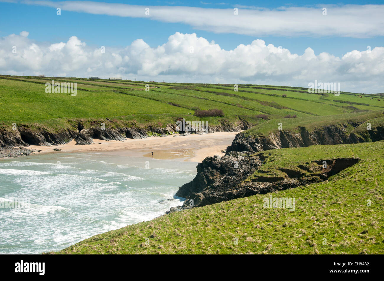Porth Joke beach near Newquay, Cornwall. A sunny spring day. View from ...