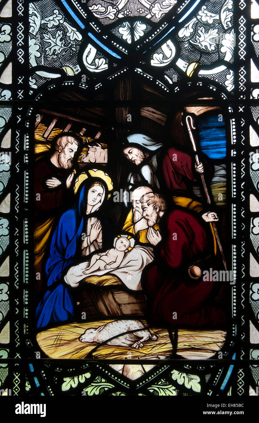 Nativity stained glass, St. Nicholas Church, Hatherop, Gloucestershire, England, UK Stock Photo ...
