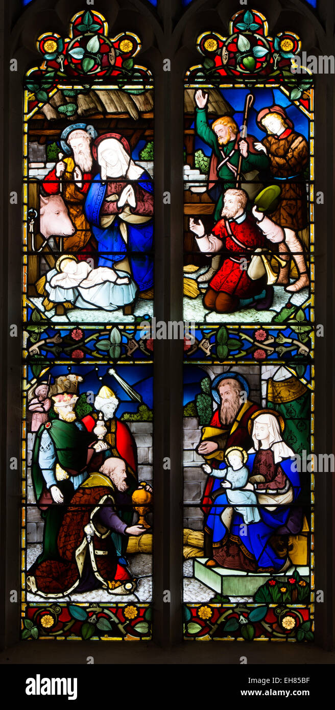 Nativity stained glass, West Window, St. Nicholas Church, Hatherop, Gloucestershire, England, UK ...