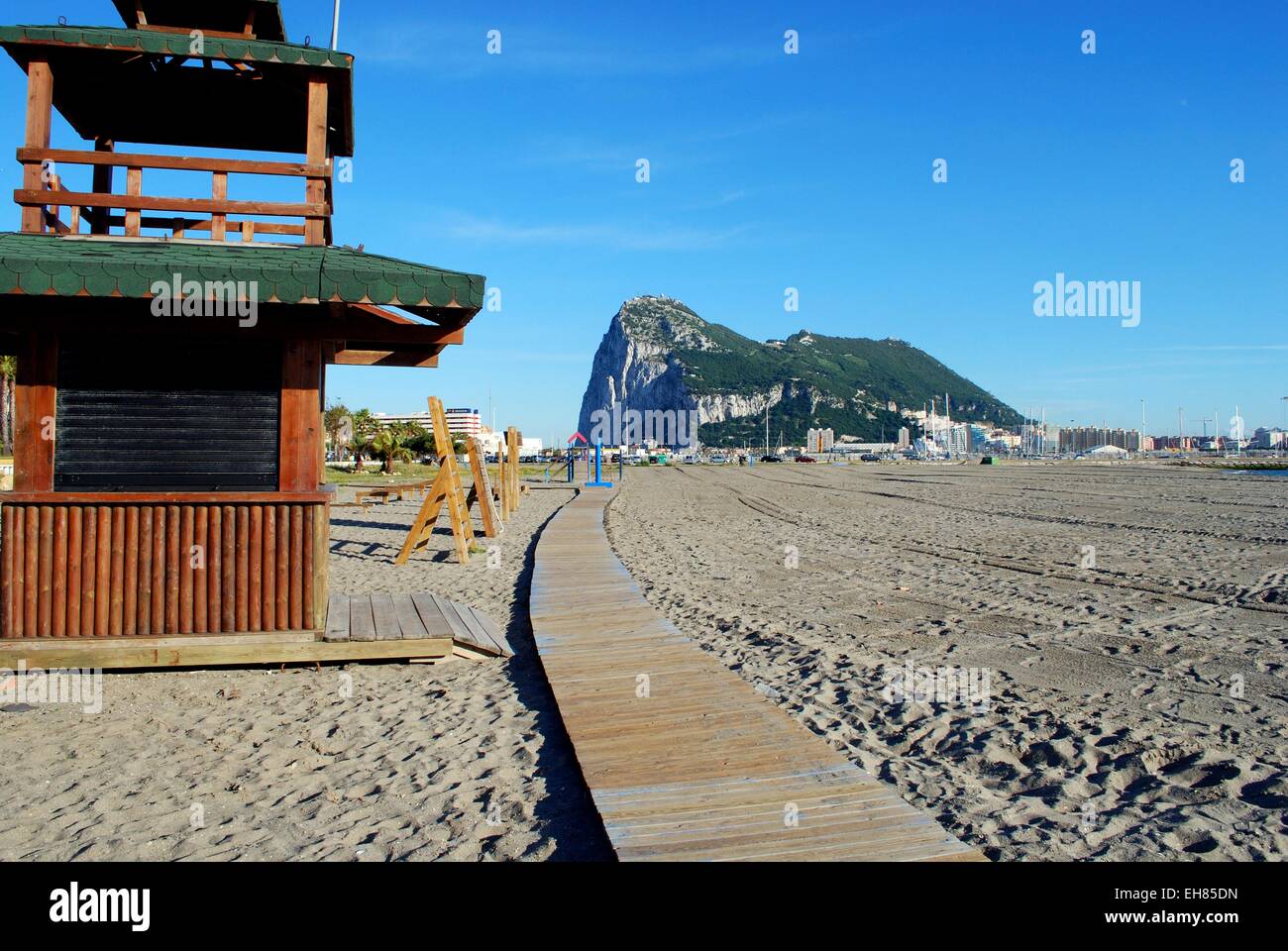 View of the Rock of Gibraltar seen from a La Linea beach in Spain ...