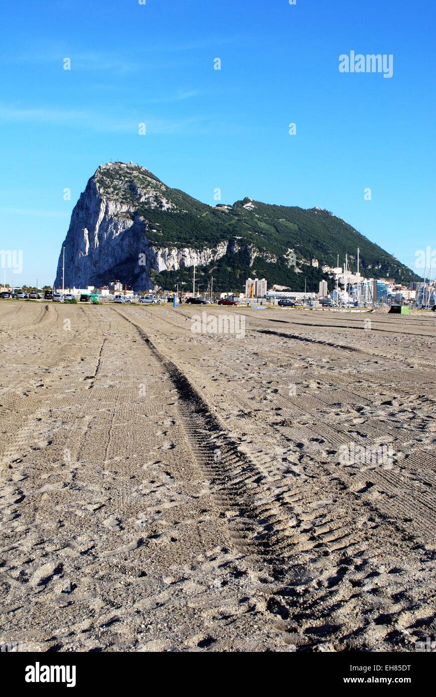 Rock of Gibraltar to the rear seen from La Linea beach in Spain ...