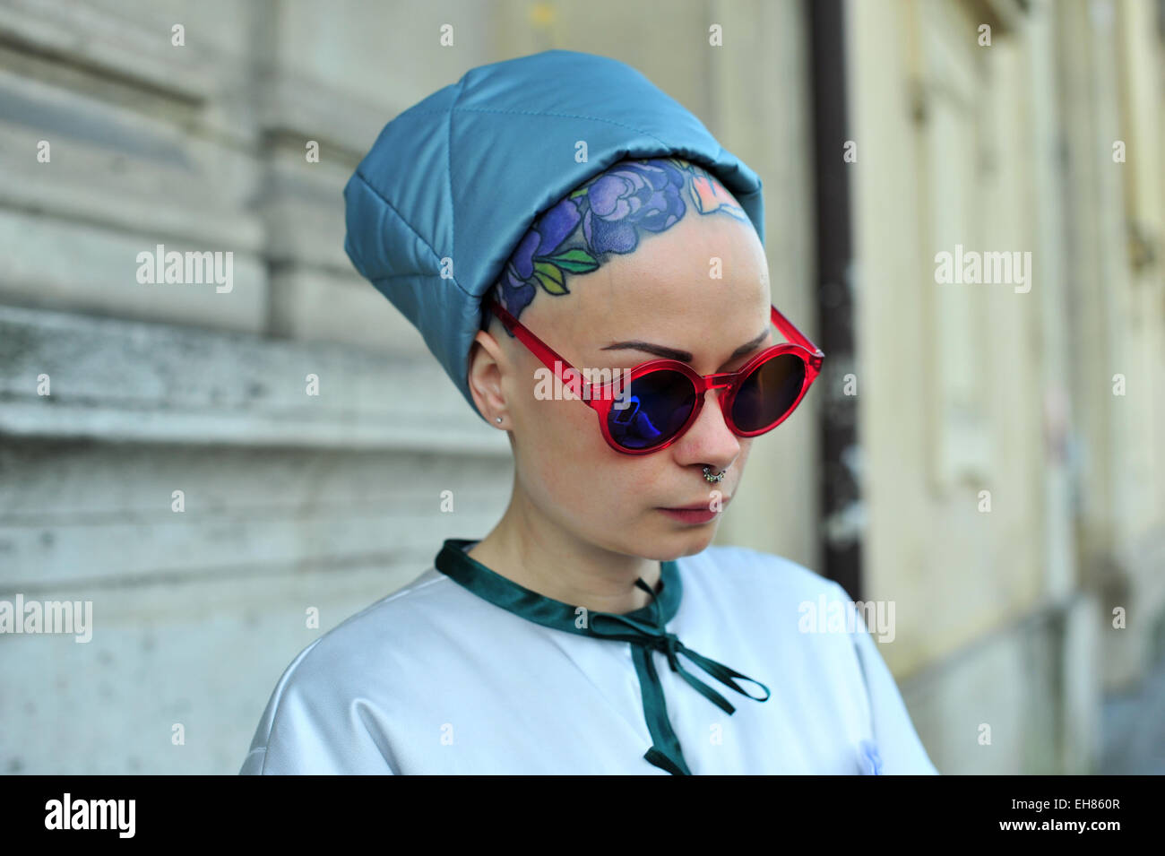 Stylist Kate Rock arriving at the Chalayan Fall 2015 runway show in ...