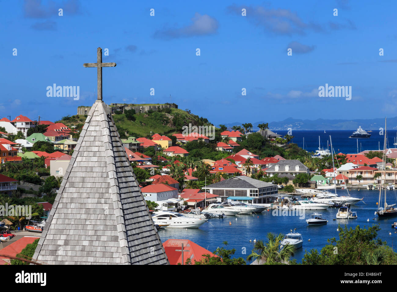 Elevated view, Catholic church, Fort Oscar and harbour, Gustavia, St ...