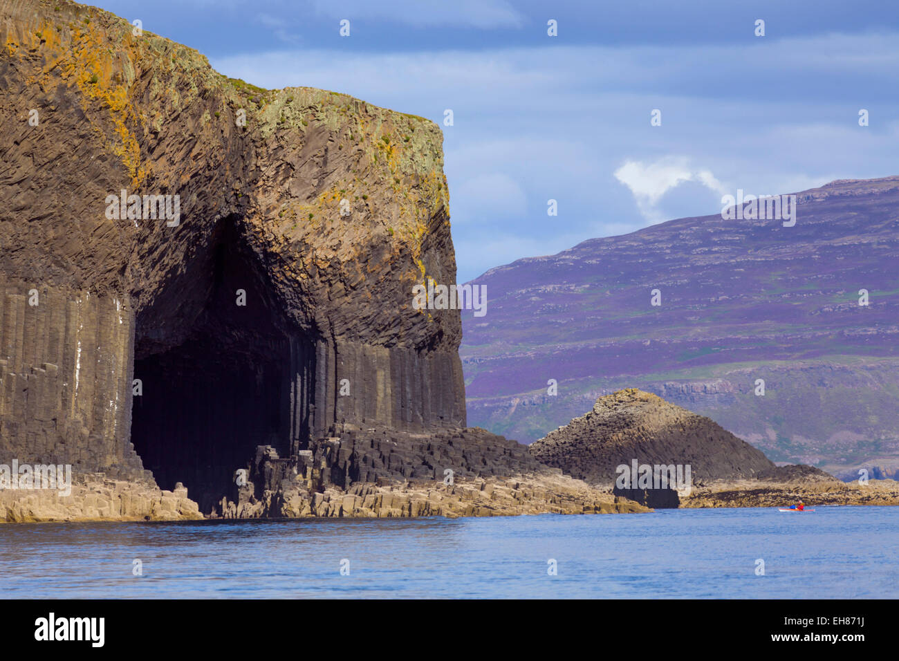 Fingal's Cave, the hexagonal mouth of the cave with the heather-covered ...