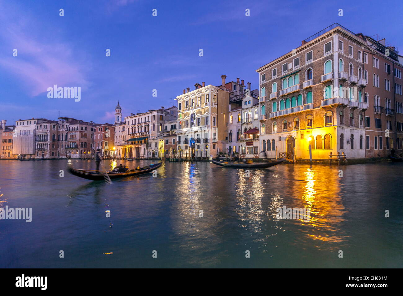 Gondolas crossing the Grand Canal at the blue hour, Venice, UNESCO ...