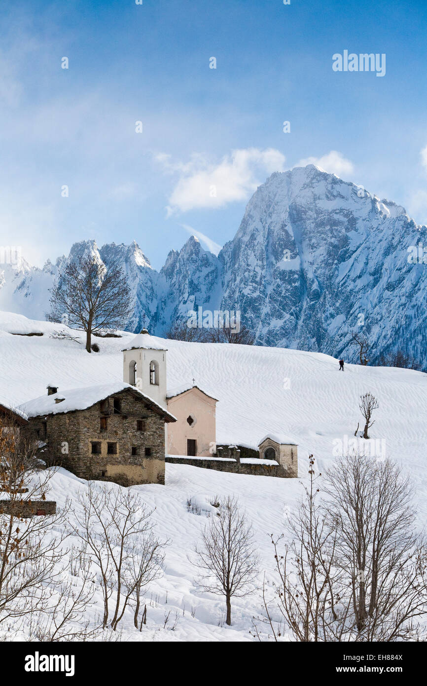 The tiny village of Daloo in Valchiavenna, with its bell tower and ...