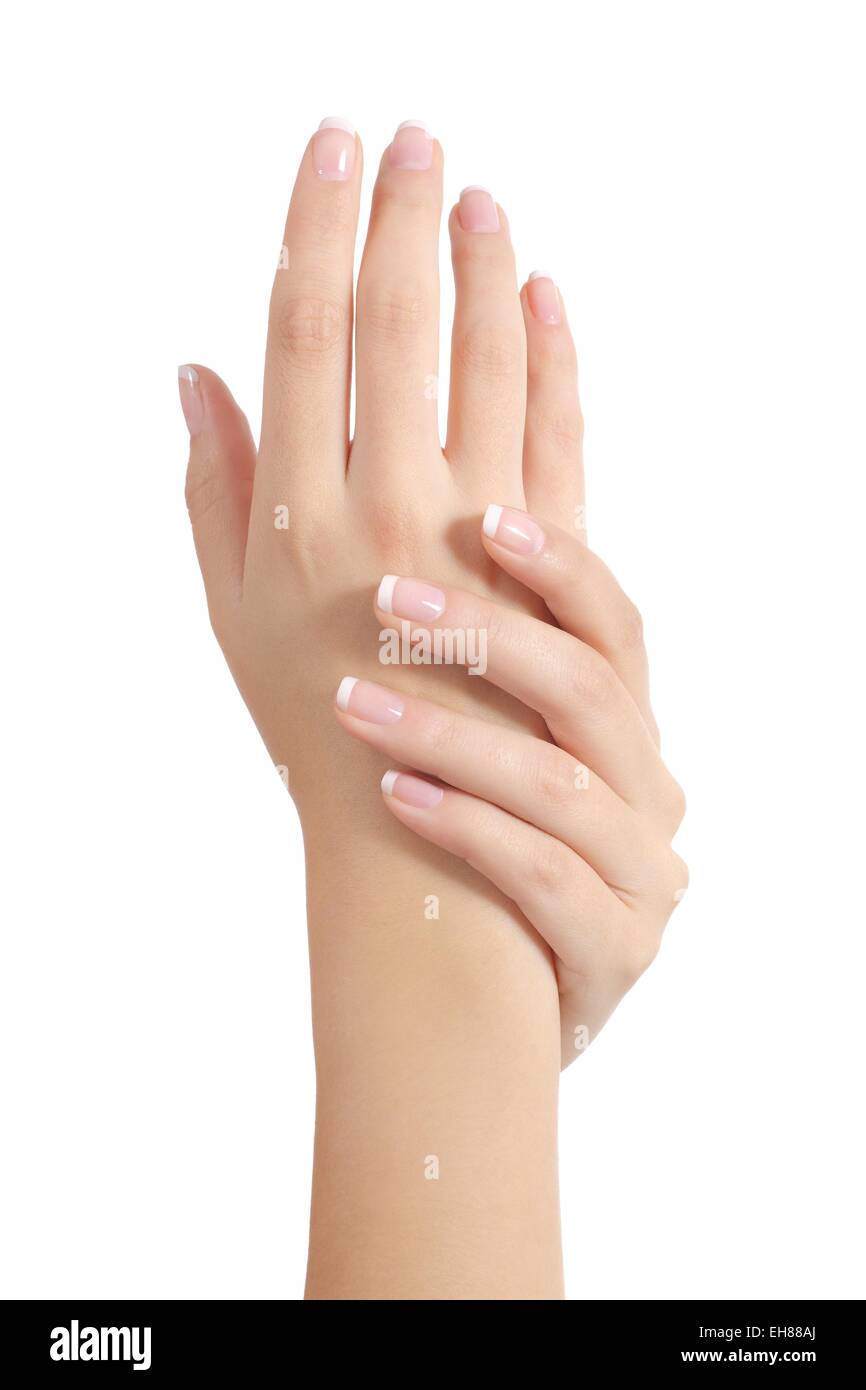 Beauty woman hands with perfect french manicure isolated on a white ...