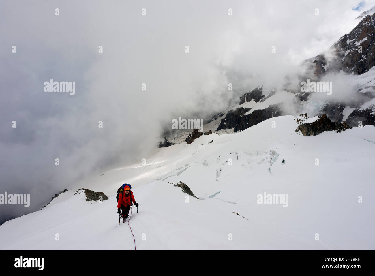 Climber on Gouter north ridge on Mont Blanc, Chamonix Valley, Rhone ...