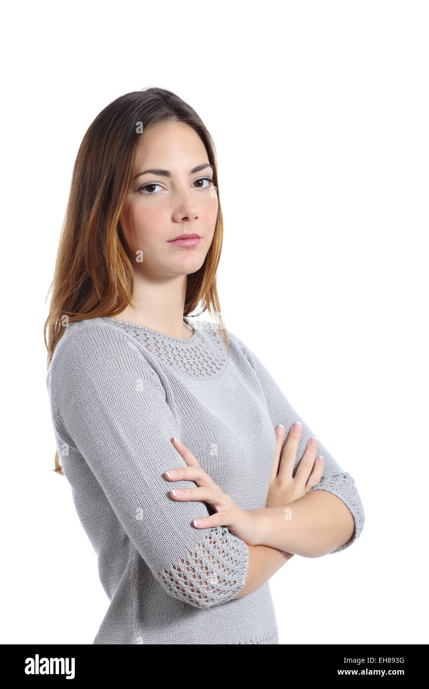 Portrait of an angry serious woman with folded arms isolated on a white background Stock Photo ...