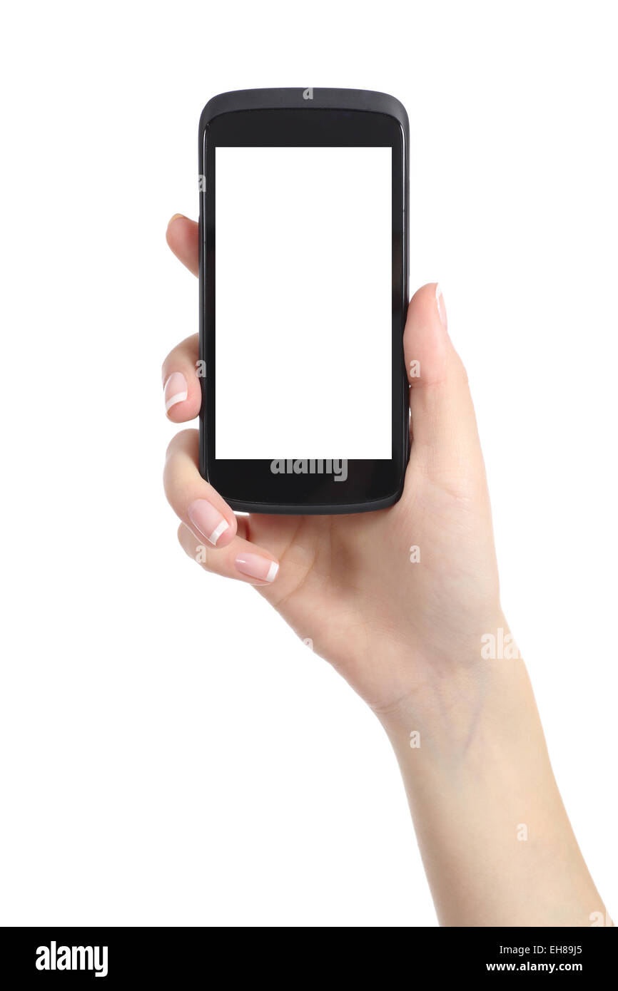 Woman hand presenting a smart phone screen application isolated on a ...