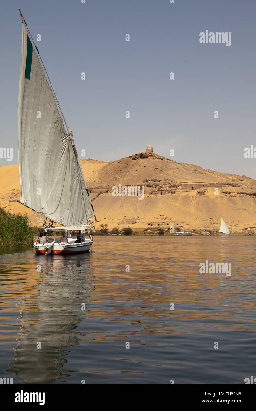 A traditional felucca sailing boat on the River Nile near Aswan, Egypt ...