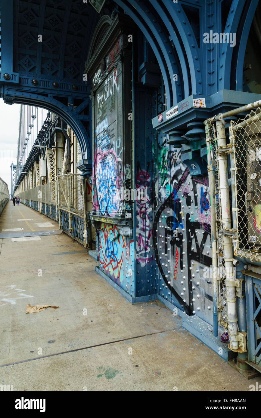 Pedestrian walkway and graffiti, Manhattan Bridge, New York City, New ...