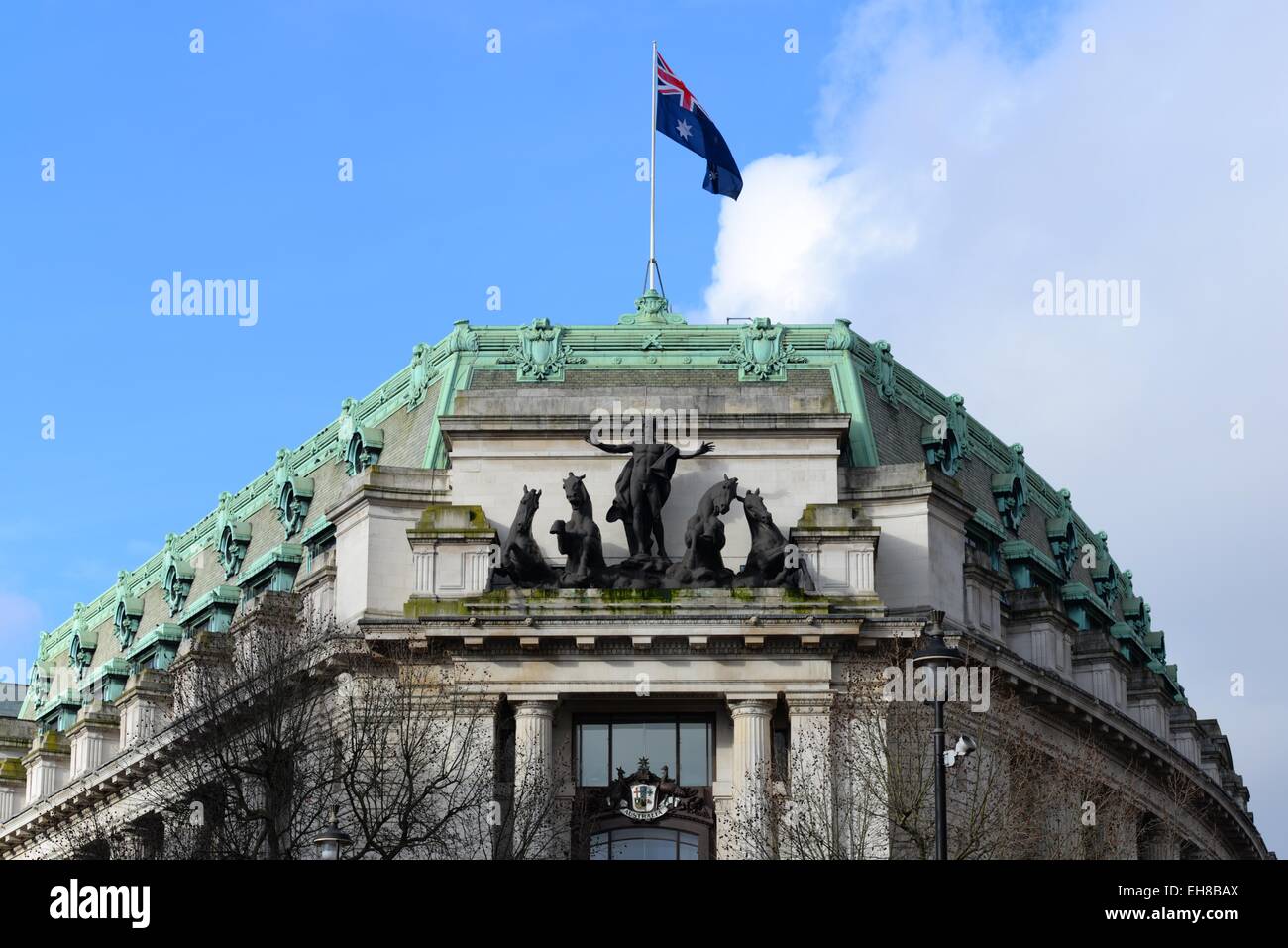Roof, flag and classical façade of Australia House, the Australian ...