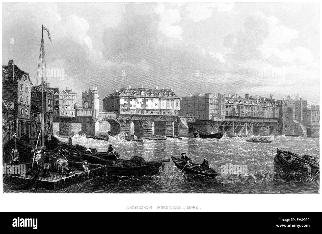 An engraving of London Bridge in 1745 scanned at high resolution from a ...