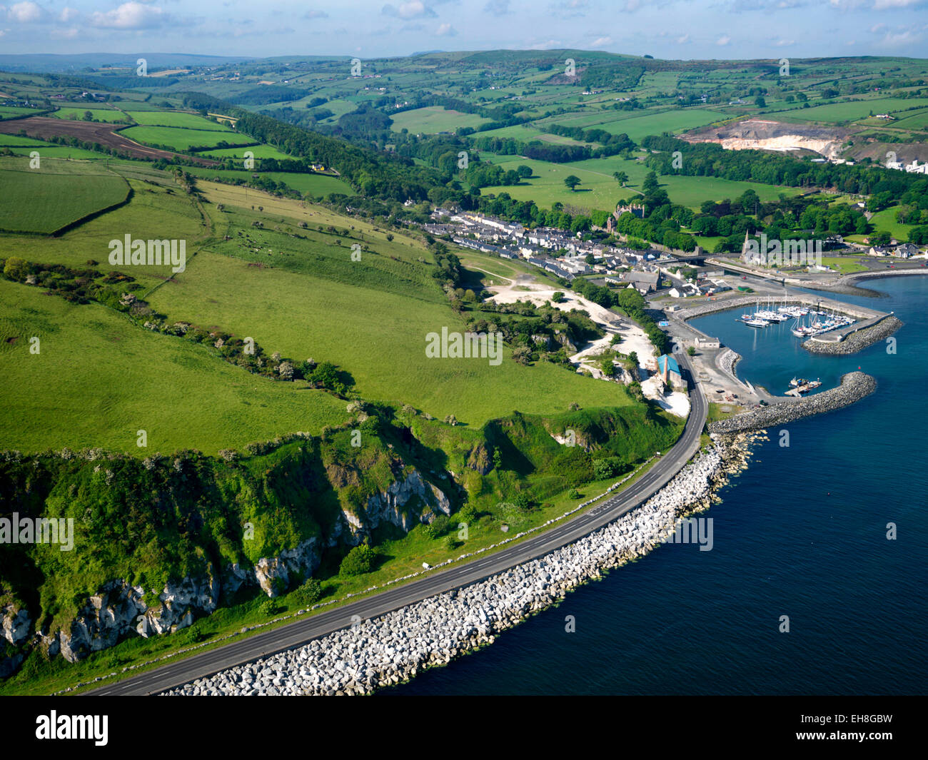 Aerial of Glenarm Castle, town and Marina, Glens of Antrim , County ...
