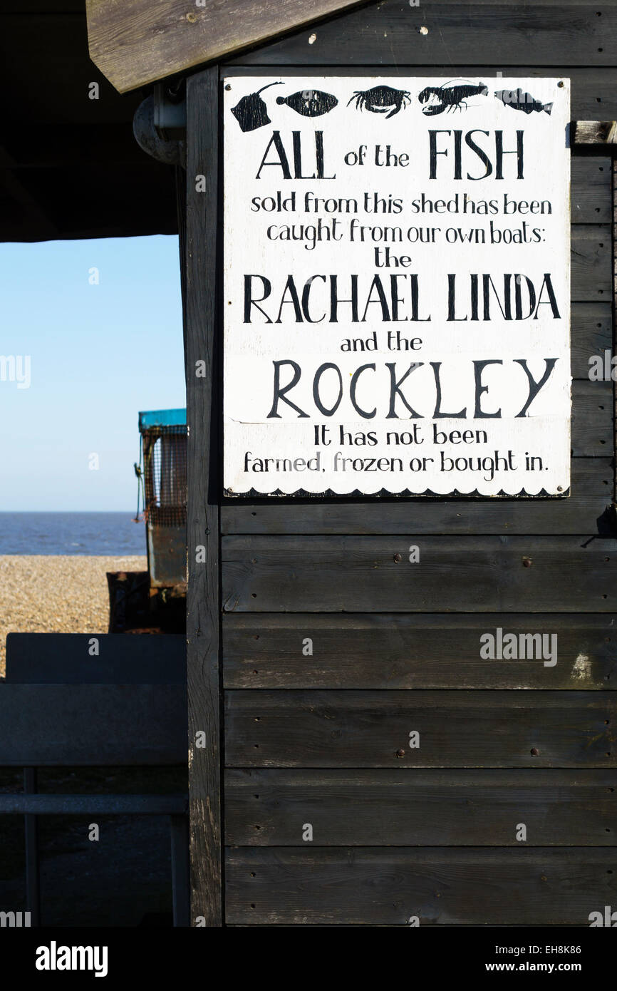 Sign on a fish stall on the beach at Aldeburgh, Suffolk, UK ...