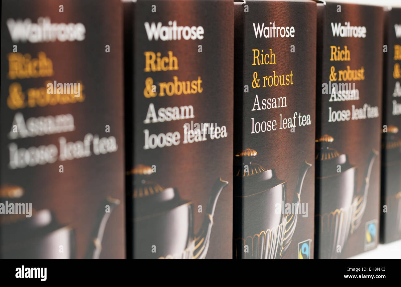 Five boxes of Waitrose Rich and Robust Assam Loose leaf tea Stock Photo ...