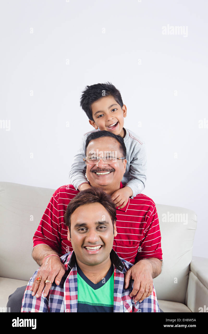 3 indian grand father Grandsonr and fatherr sitting sofa Stock Photo ...