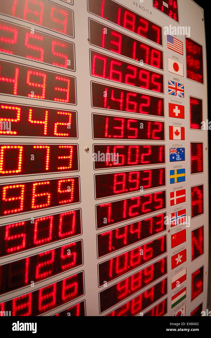 Display showing foreign currency exchange rates in a Money exchange ...