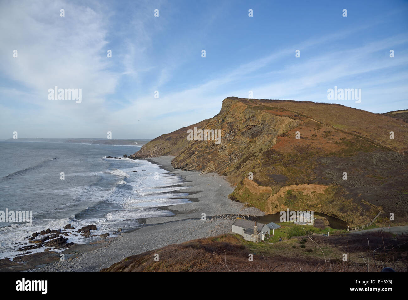 Millook , Cornwall. The cliffs display a series of recumbent chevron ...