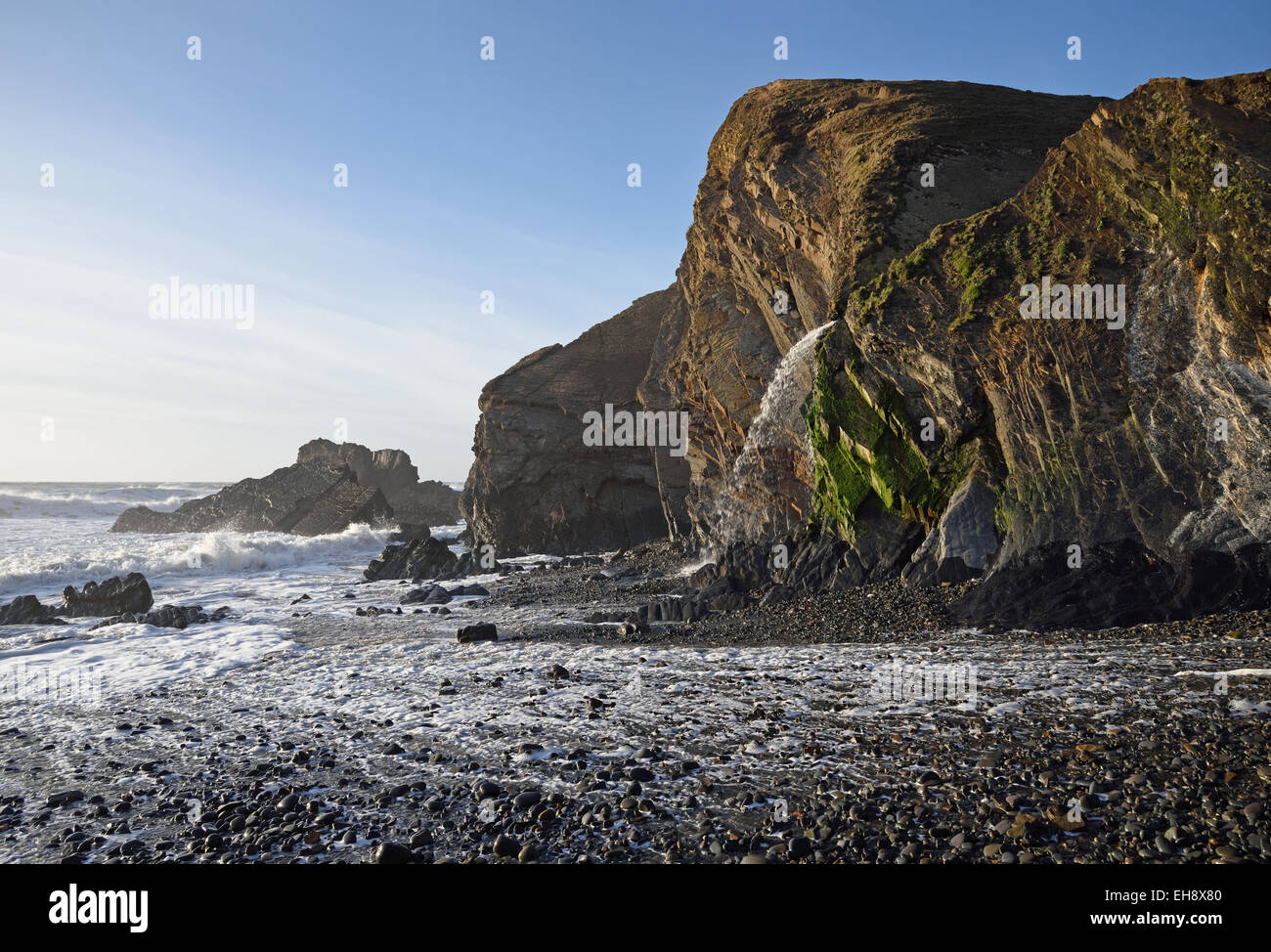 The beach and Stowe Cliffs at Sandymouth, near Bude, North Cornwall, UK ...