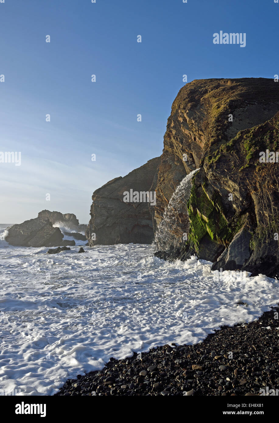 The beach and Stowe Cliffs at Sandymouth, near Bude, North Cornwall, UK ...