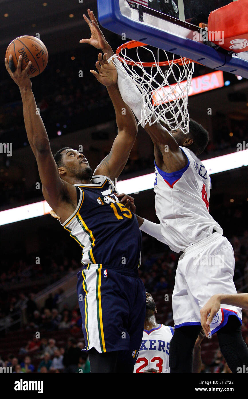 March 6, 2015: Utah Jazz forward Derrick Favors (15) goes up for the ...