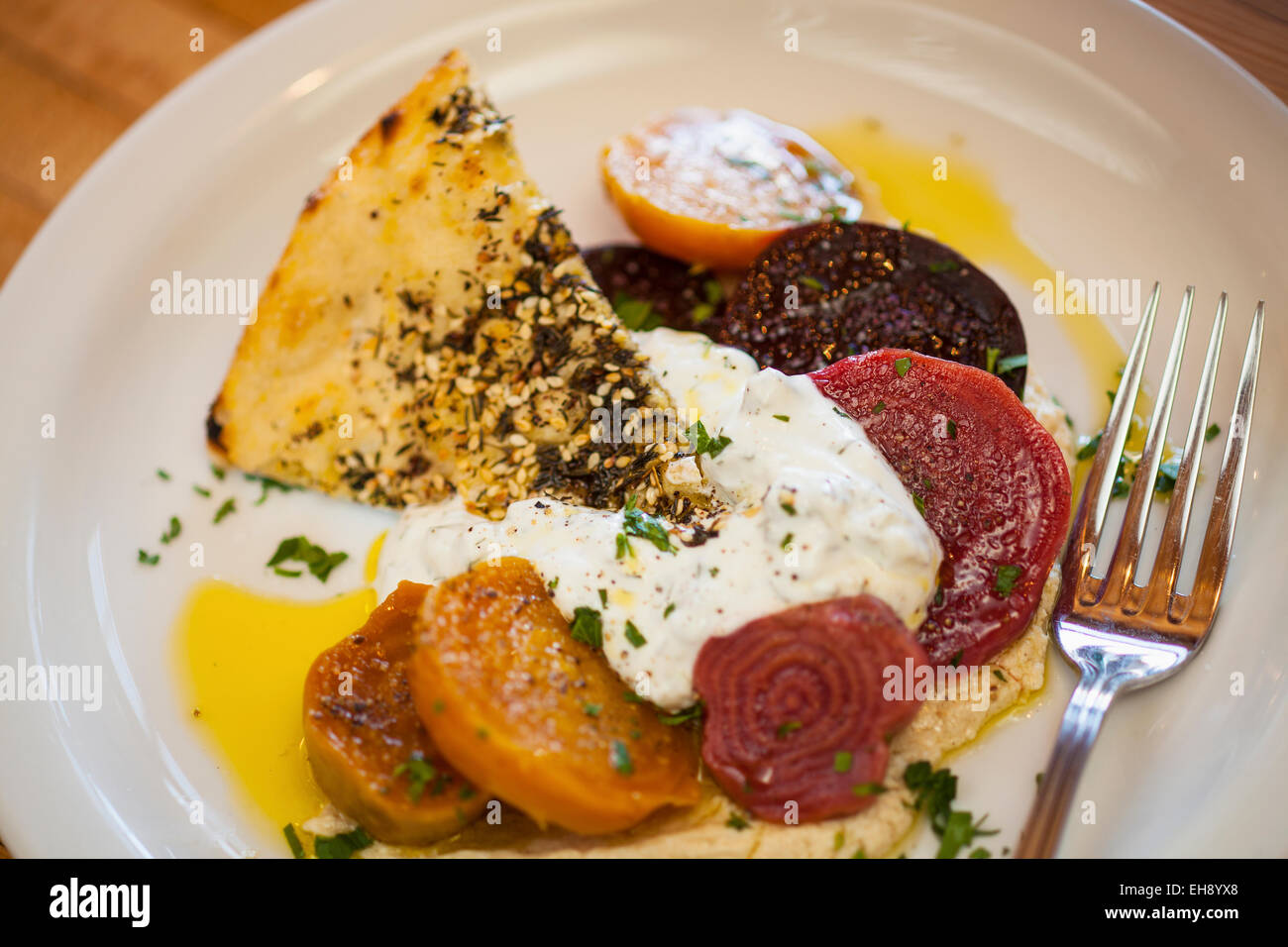 tri-color heirloom beet salad with lemon tahini sauce on za'atar ...