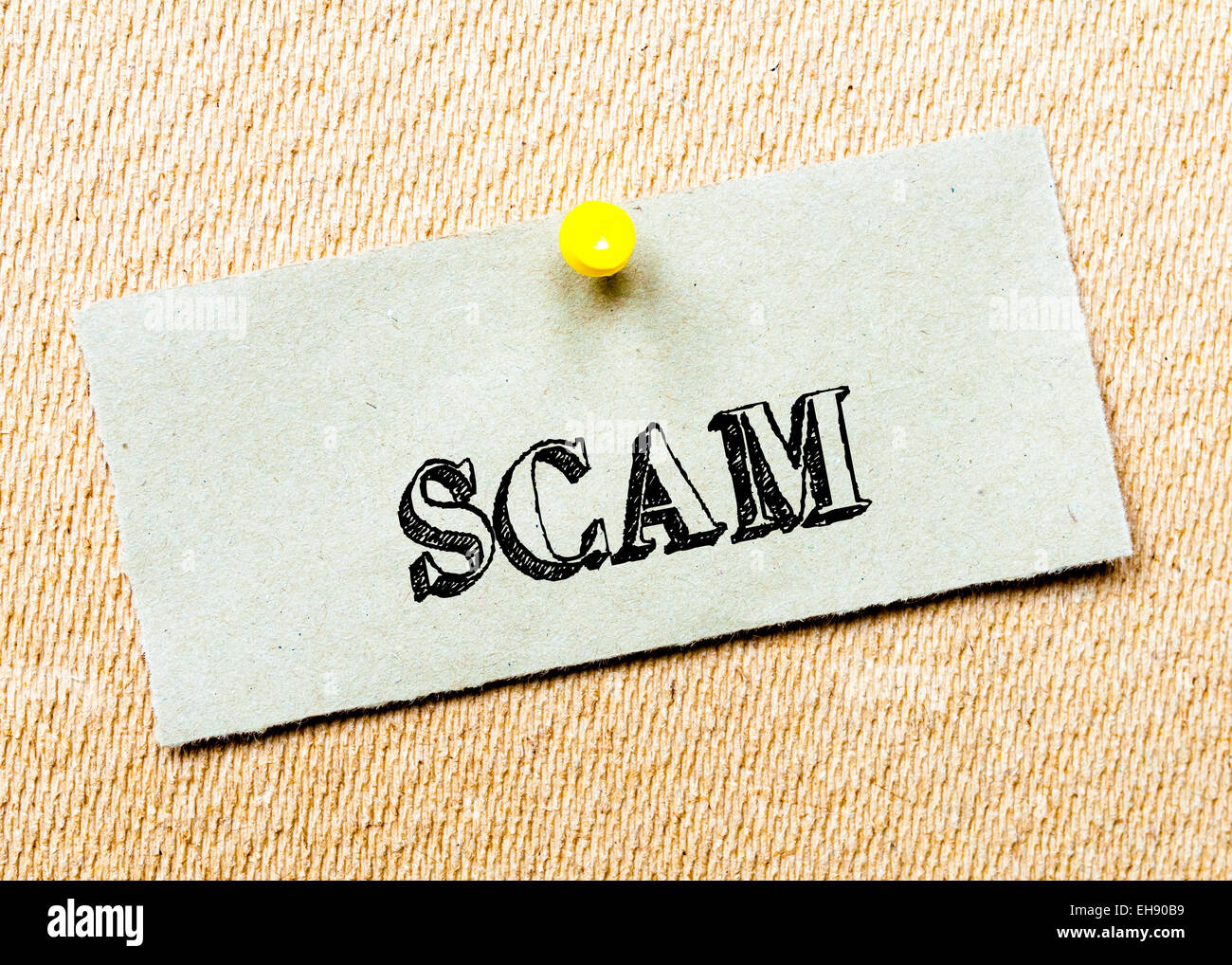 Recycled paper note pinned on cork board. Scam Message. Concept Image ...