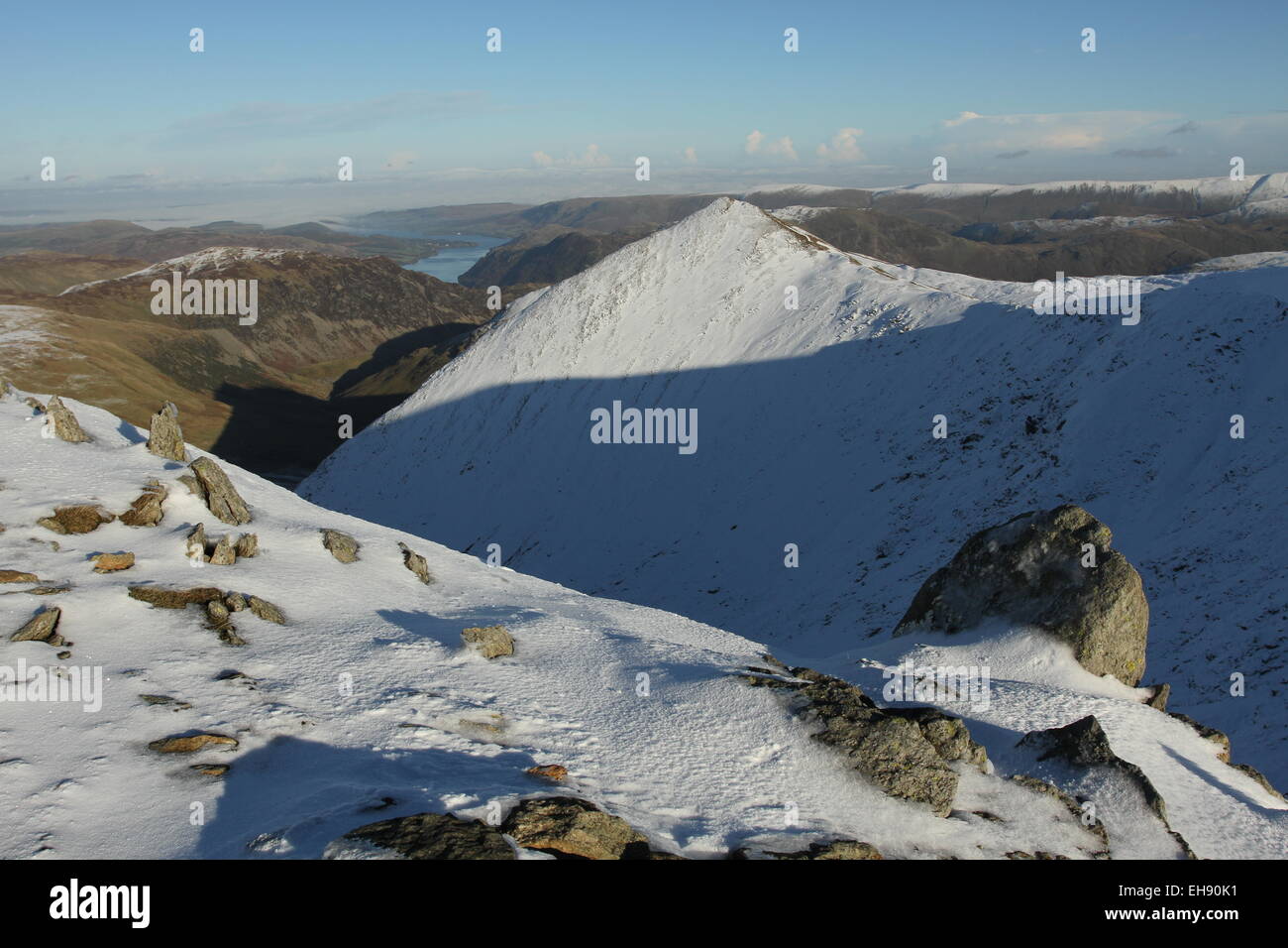 Helvellyn winter, Swirral Edge from Helvellyn summit, snow on Helvellyn ...