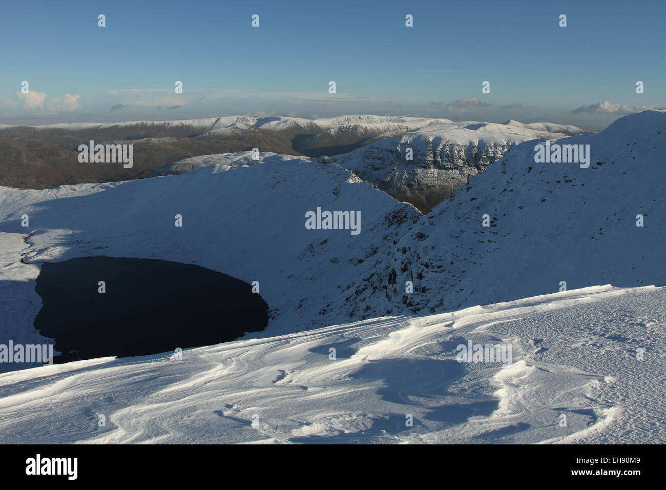 Helvellyn winter, Striding Edge and Red Tarn from Helvellyn summit ...