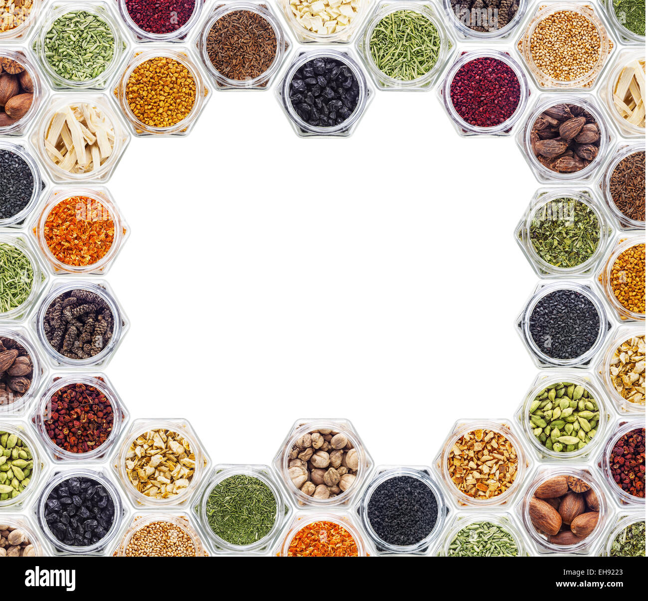 border frame of colorful powder spices with copy space for text ...